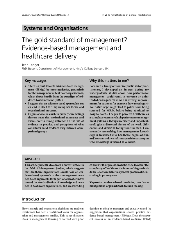 (PDF) The gold standard of management? Evidence-based management and ...