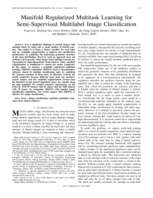 (PDF) Manifold Regularized Multitask Learning for Semi-Supervised Multilabel Image Classification