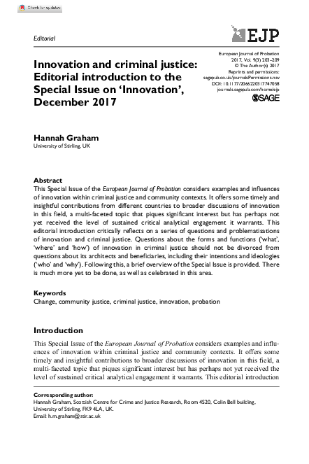 (PDF) Innovation and criminal justice: Editorial introduction to the ...