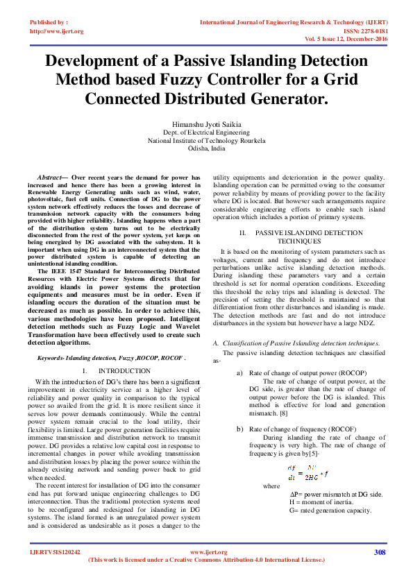 Pdf Development Of A Passive Islanding Detection Method Based Fuzzy Controller For A Grid