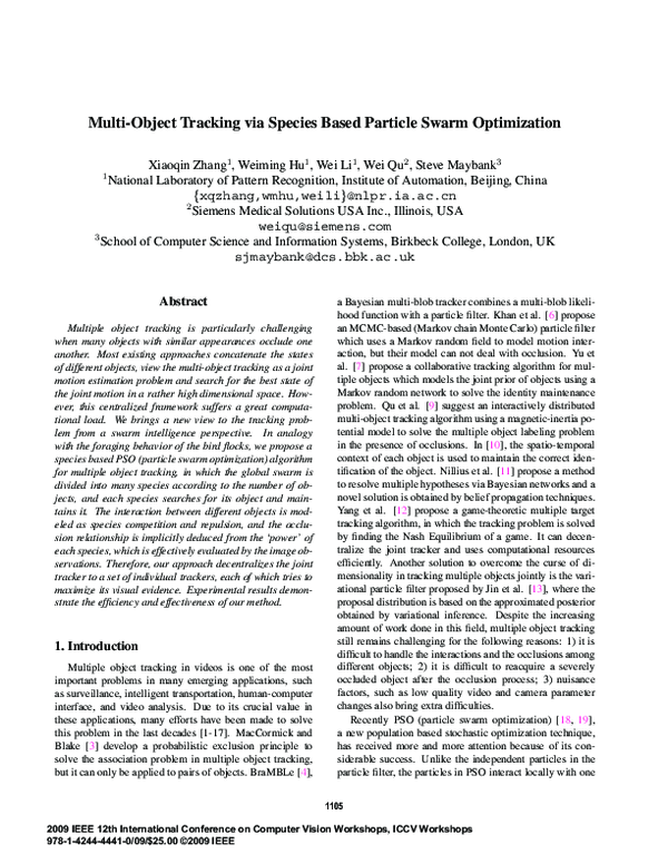 (PDF) Multiple Object Tracking Via Species-Based Particle Swarm Optimization