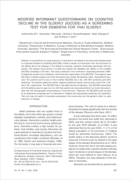 Pdf Modified Informant Questionnaire On Cognitive Decline In The Elderly Iqcode As A