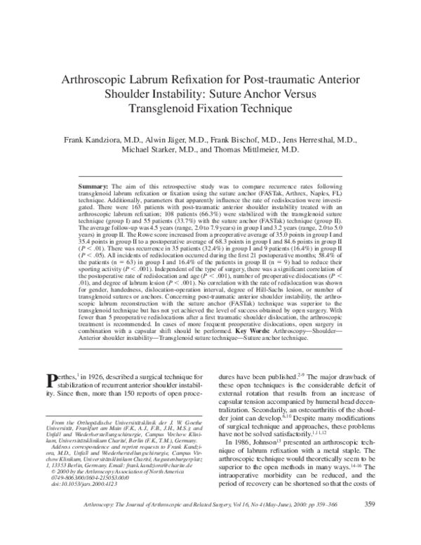 (PDF) Arthroscopic labrum refixation for post-traumatic anterior ...