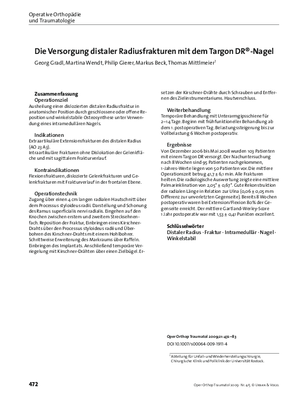 (PDF) Fixation of Distal Radial Fractures with the Targon DR Nail