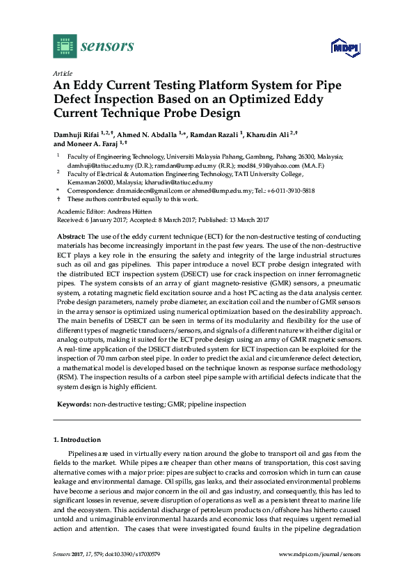Pdf An Eddy Current Testing Platform System For Pipe Defect