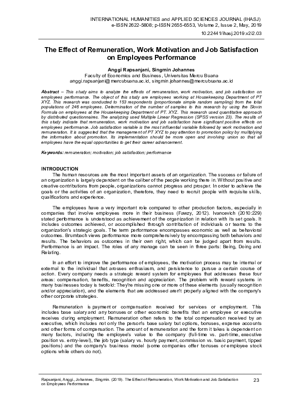 (PDF) The Effect of Remuneration, Work Motivation and Job Satisfaction ...