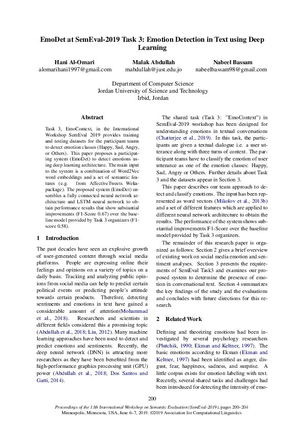 Pdf Emodet At Semeval 2019 Task 3 Emotion Detection In Text Using Deep Learning