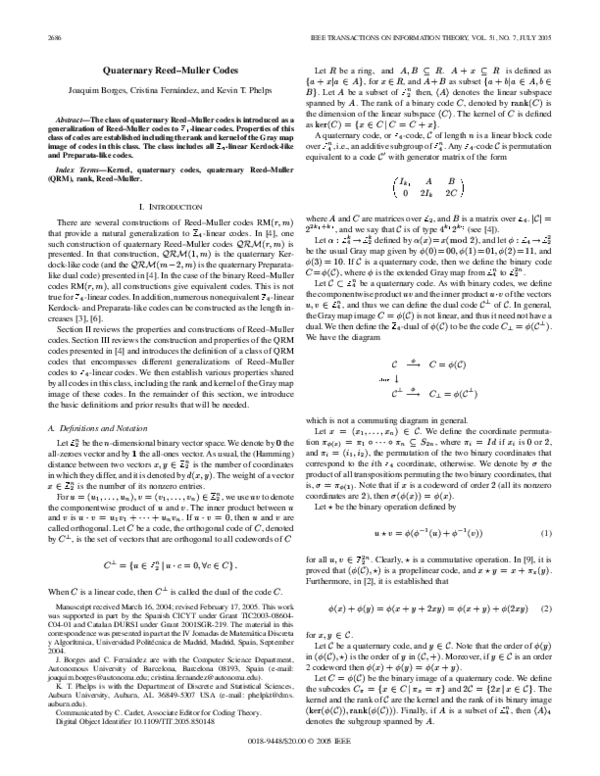 (PDF) Quaternary Reed-Muller codes