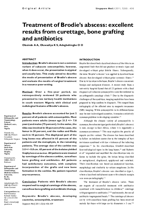 (PDF) Treatment of Brodie’s abscess: excellent results from curettage ...