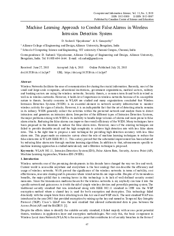 Pdf Machine Learning Approach To Combat False Alarms In Wireless Intrusion Detection System
