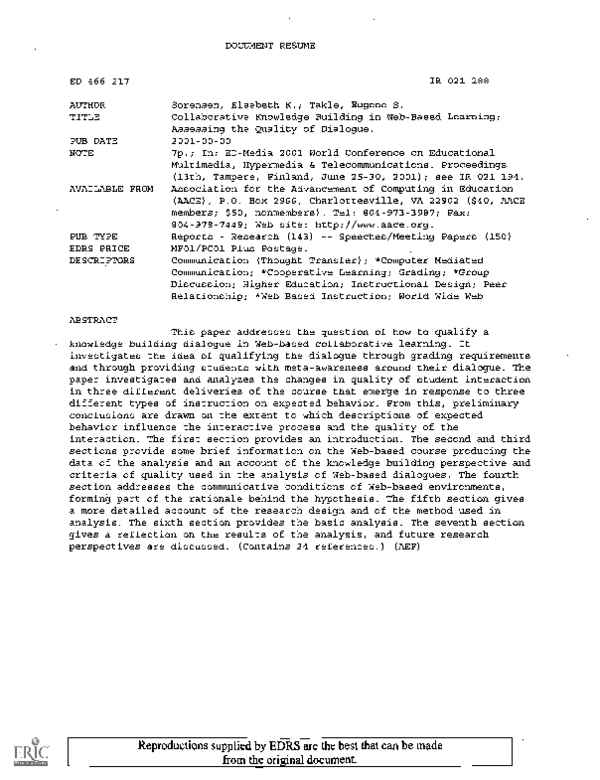 (PDF) Collaborative Knowledge Building In Web-Based Learning: Assessing the Quality of Dialogue