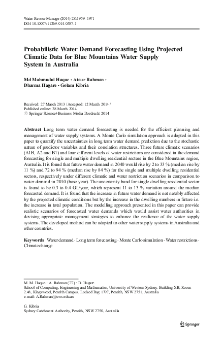 (PDF) Probabilistic Water Demand Forecasting Using Projected Climatic Data for Blue Mountains ...