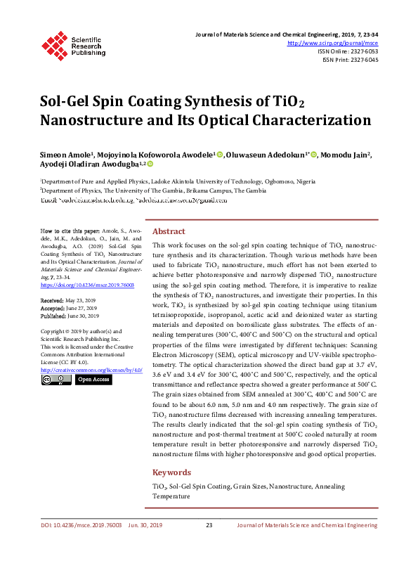 Pdf Sol Gel Spin Coating Synthesis Of Tio2 Nanostructure And Its Optical Characterization