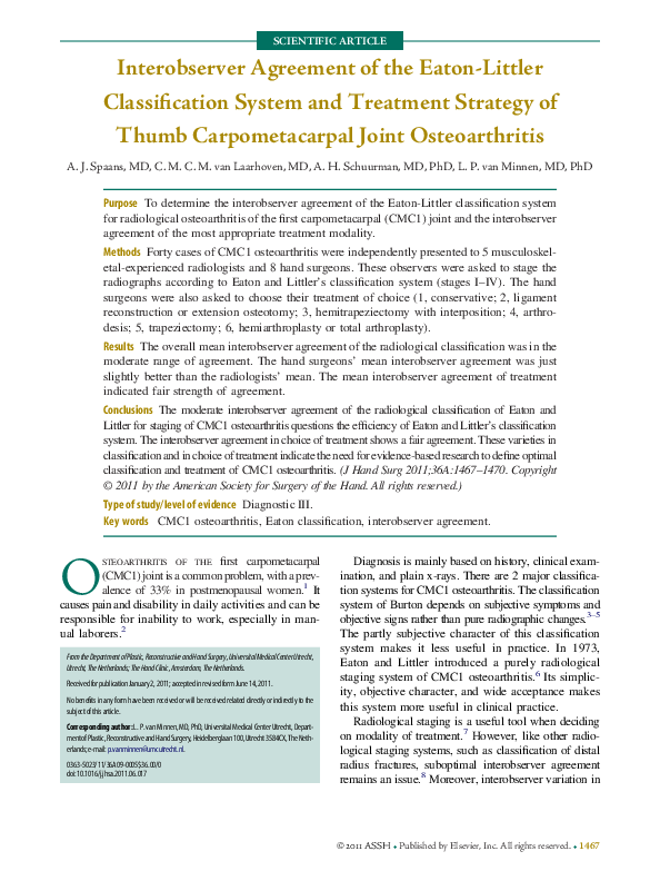 (PDF) Interobserver Agreement of the Eaton-Littler Classification ...
