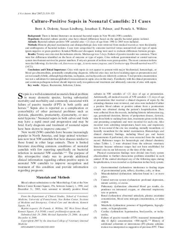 (PDF) Culture-Positive Sepsis in Neonatal Camelids: 21 Cases