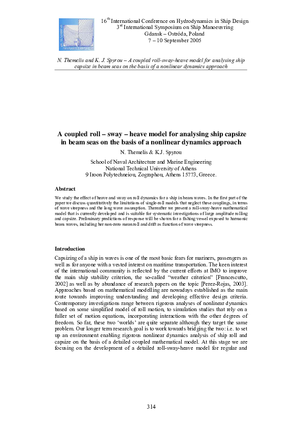 (PDF) A coupled roll – sway – heave model for analysing ship capsize in beam seas on the basis ...