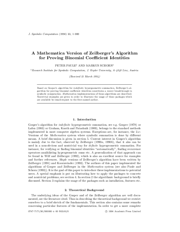 Pdf A Mathematica Version Of Zeilbergers Algorithm For Proving Binomial Coefficient Identities