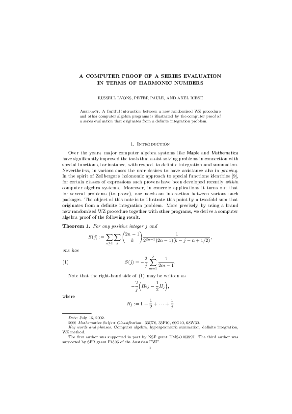 (PDF) A Computer Proof of a Series Evaluation in Terms of Harmonic Numbers