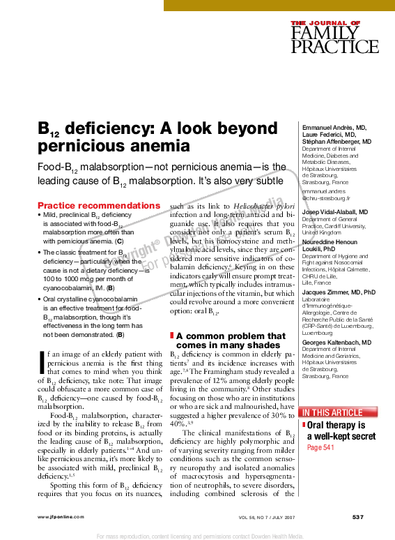 (PDF) B12 deficiency: a look beyond pernicious anemia