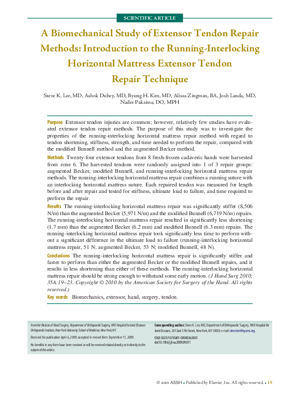 (PDF) A Biomechanical Study of Extensor Tendon Repair Methods ...
