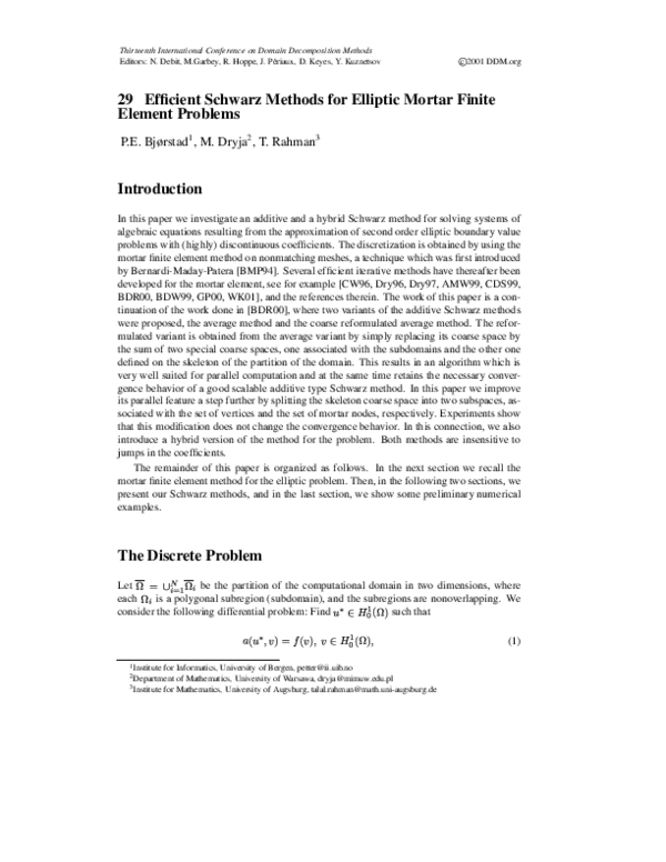 Pdf Additive Schwarz Methods For Elliptic Mortar Finite Element Problems