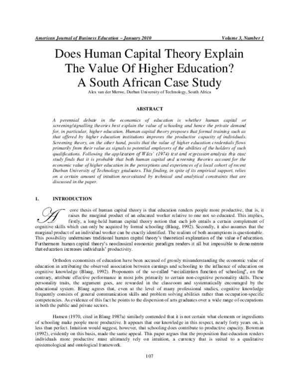 (PDF) Does Human Capital Theory Explain The Value Of Higher Education ...