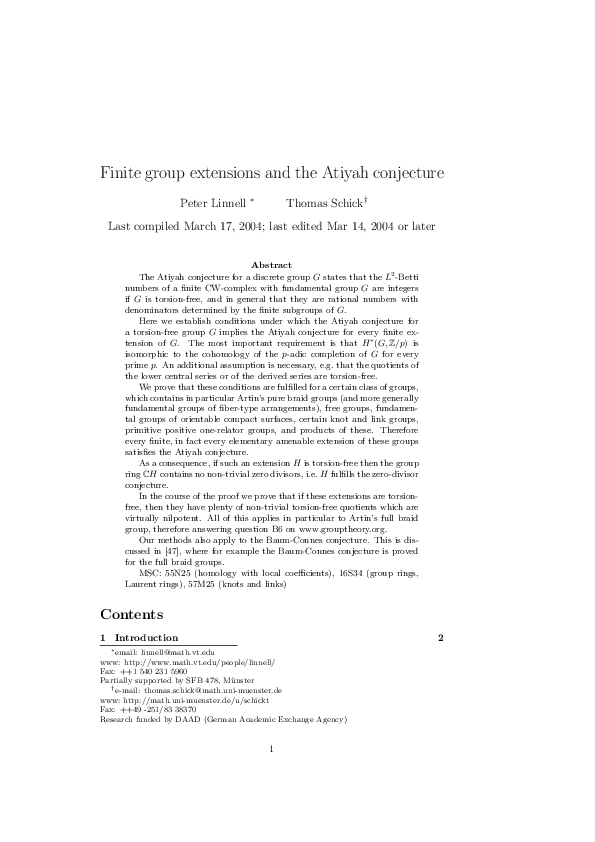 (PDF) Finite group extensions and the Atiyah conjecture