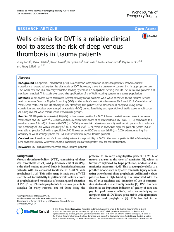 (PDF) Wells criteria for DVT is a reliable clinical tool to assess the risk of deep venous ...