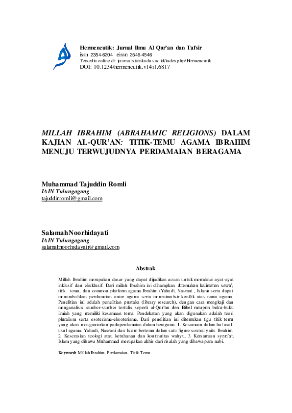 (PDF) Millah Ibrahim Dalam Kajian Al-Qur’an:Titik-Temu Agama Ibrahim ...