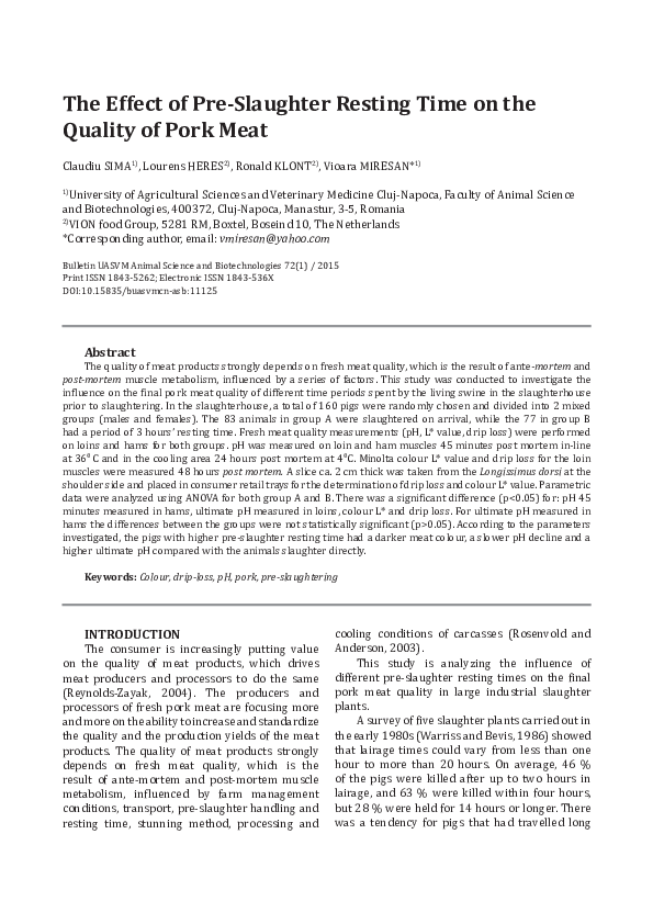 (PDF) The Effect of Pre-Slaughter Resting Time on the Quality of Pork Meat