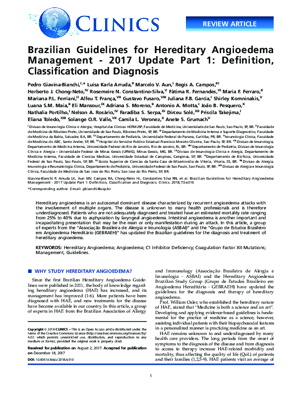 (PDF) Brazilian Guidelines for Hereditary Angioedema Management - 2017 ...