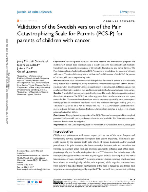 (PDF) Validation of the Swedish version of the Pain Catastrophizing ...