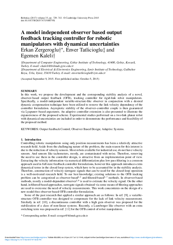 (PDF) A model independent observer based output feedback tracking controller for robotic ...