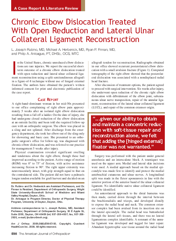 (PDF) Chronic elbow dislocation treated with open reduction and lateral ...