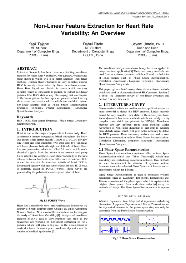 (PDF) Non-Linear Feature Extraction for Heart Rate Variability: An Overview