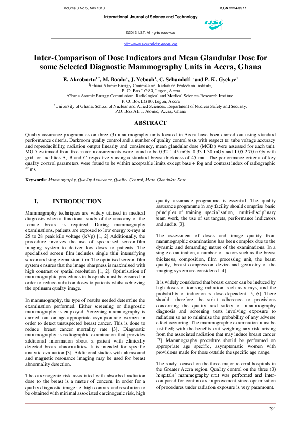 (PDF) Inter-Comparison of Dose Indicators and Mean Glandular Dose for some Selected Diagnostic ...