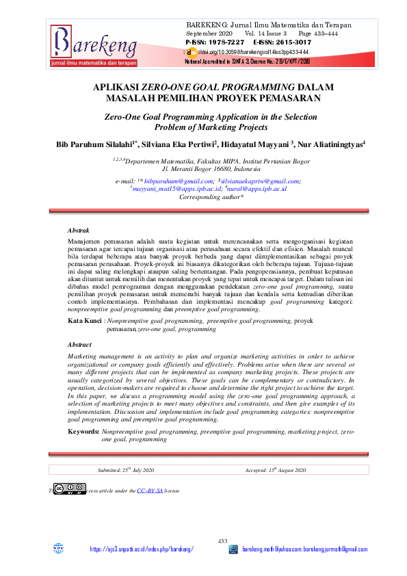 (PDF) Aplikasi Zero-One Goal Programming Dalam Masalah Pemilihan Proyek Pemasaran