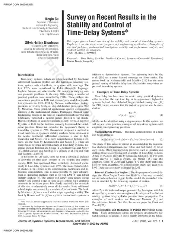 (PDF) Survey on Recent Results in the Stability and Control of Time-Delay Systems