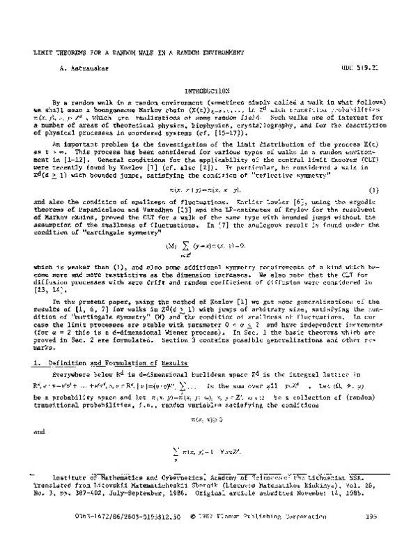 (PDF) Limit theorems for a random walk in a random environment