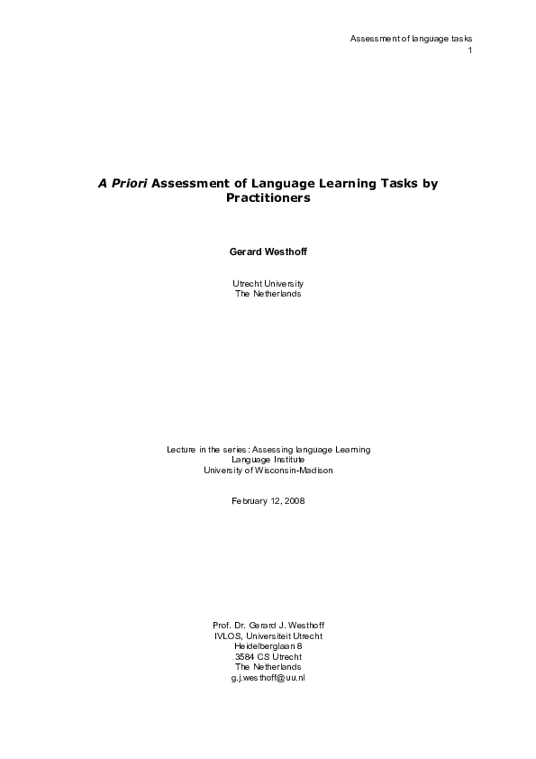 (PDF) A priori assessment of language learning tasks by practitioners
