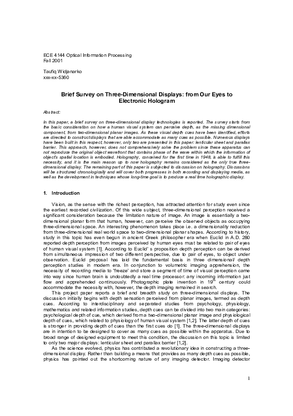 (PDF) Brief Survey on Three-Dimensional Displays (2001)