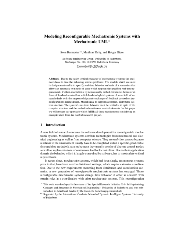 (PDF) Modeling reconfigurable mechatronic systems with mechatronic UML