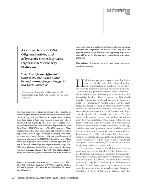 (PDF) A comparison of cDNA, oligonucleotide, and Affymetrix GeneChip gene expression microarray ...