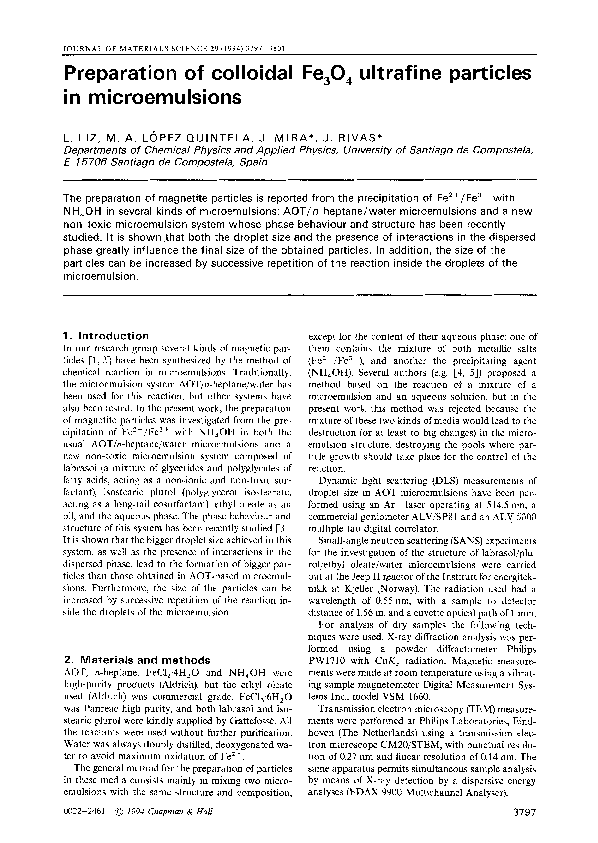 (PDF) Preparation of colloidal Fe3O4 ultrafine particles in microemulsions