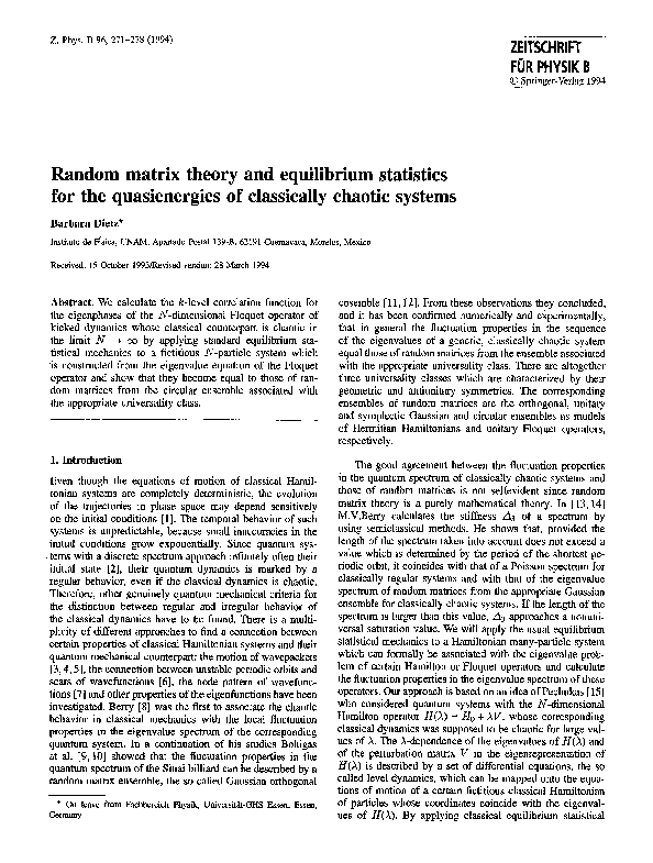 (PDF) Random matrix theory and equilibrium statistics for the ...