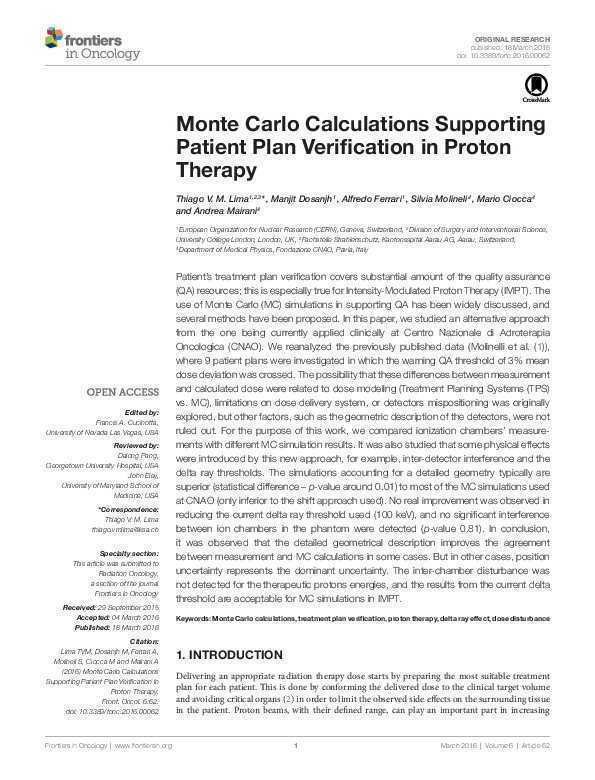 (PDF) Monte Carlo Calculations Supporting Patient Plan Verification in Proton Therapy