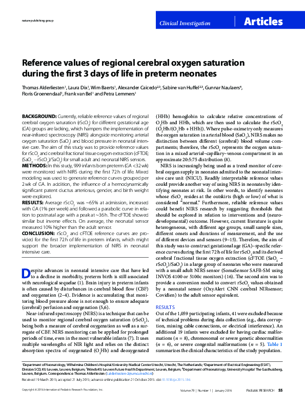 (PDF) Reference Values of Regional Cerebral Oxygen Saturation during ...