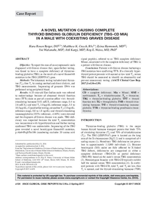 (PDF) A Novel Mutation Causing Complete Thyroid Binding Globulin ...