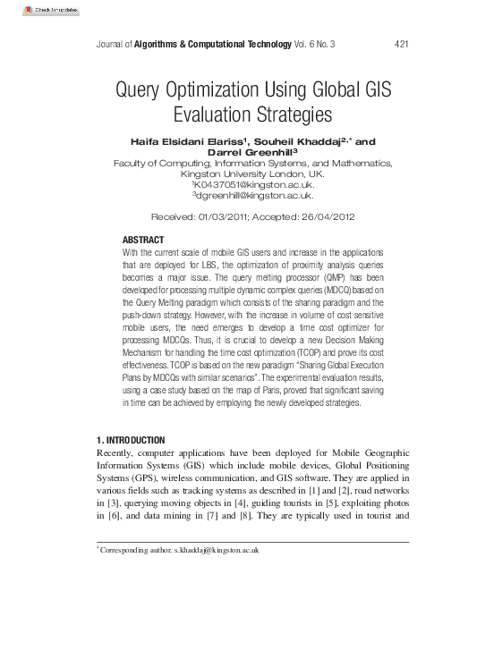 (PDF) Query Optimization Using Global GIS Evaluation Strategies