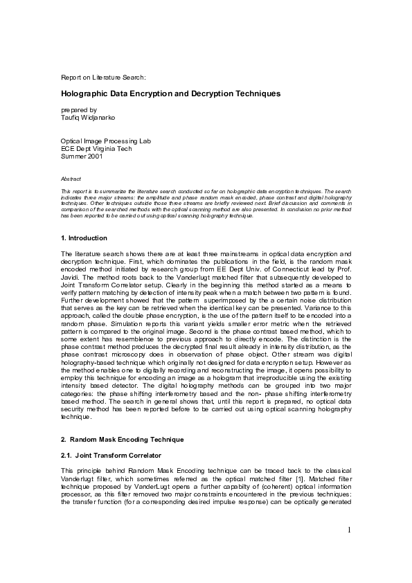 (PDF) Holographic Data Encryption and Decryption Techniques- literature survey (2001)